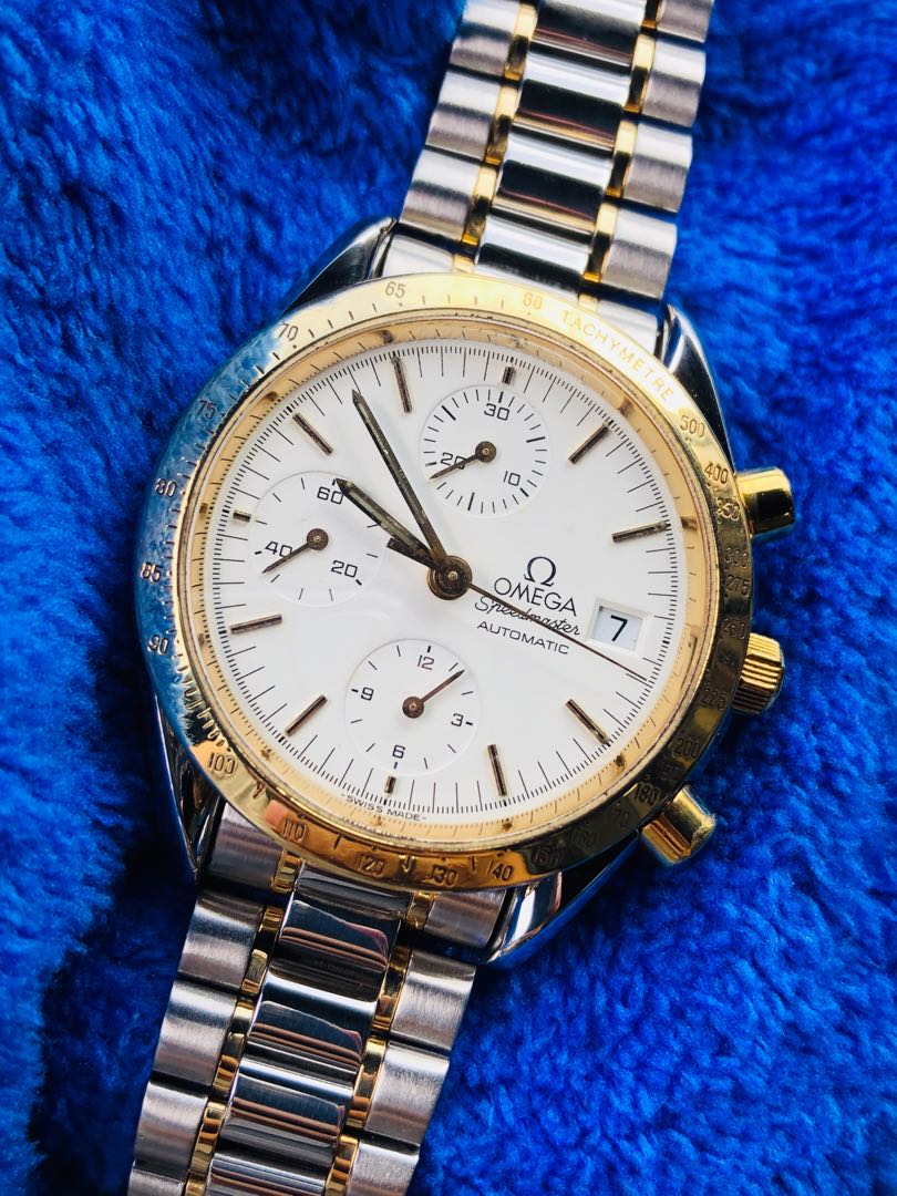 Rare Omega Speedmaster White Dial Gold Bezel, Luxury, Watches on Carousell
