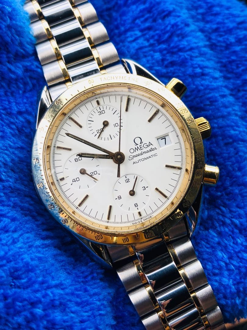 Rare Omega Speedmaster White Dial Gold Bezel, Luxury, Watches on Carousell