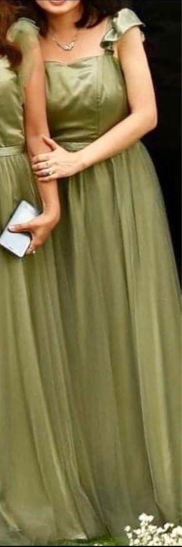 Sage Green Long Gown, Women's Fashion, Dresses & Sets, Evening dresses & gowns on Carousell