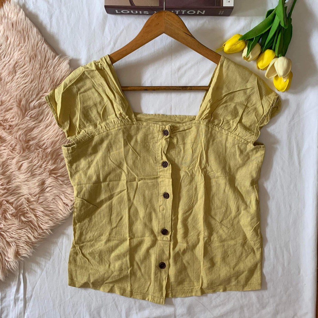 Semi crop linen yellow top, Women's Fashion, Tops, Others Tops on Carousell