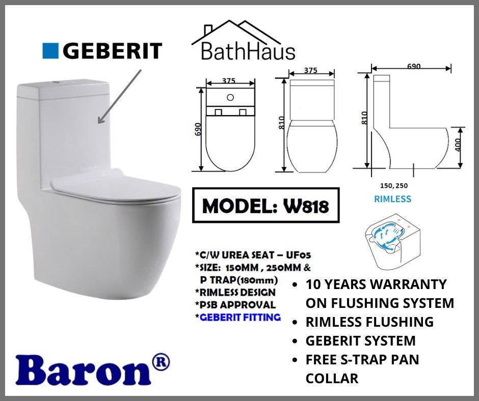 Baron W818 1-Piece Toilet Bowl (Geberit Flushing System), Furniture ...