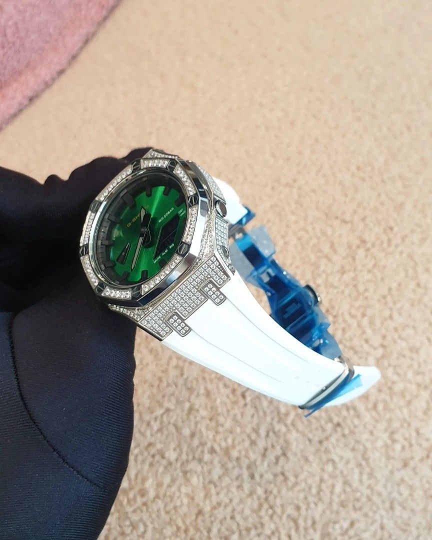 Casioak GA-2100 A.k.a Hulk in Silver Full Crystal Bezel White Strap ...