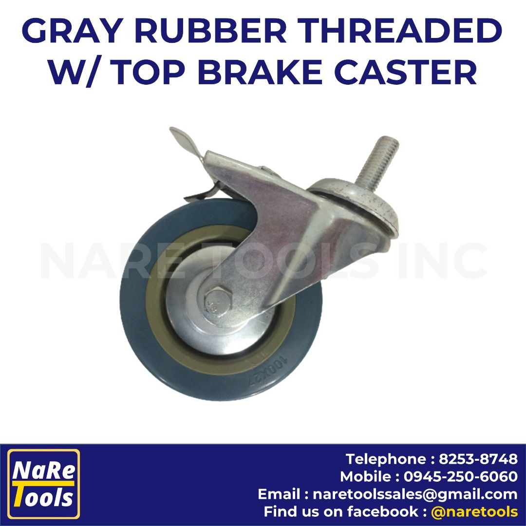 CASTER WHEEL - Gray Rubber Threaded Swivel w/ Brake Caster Wheel ...