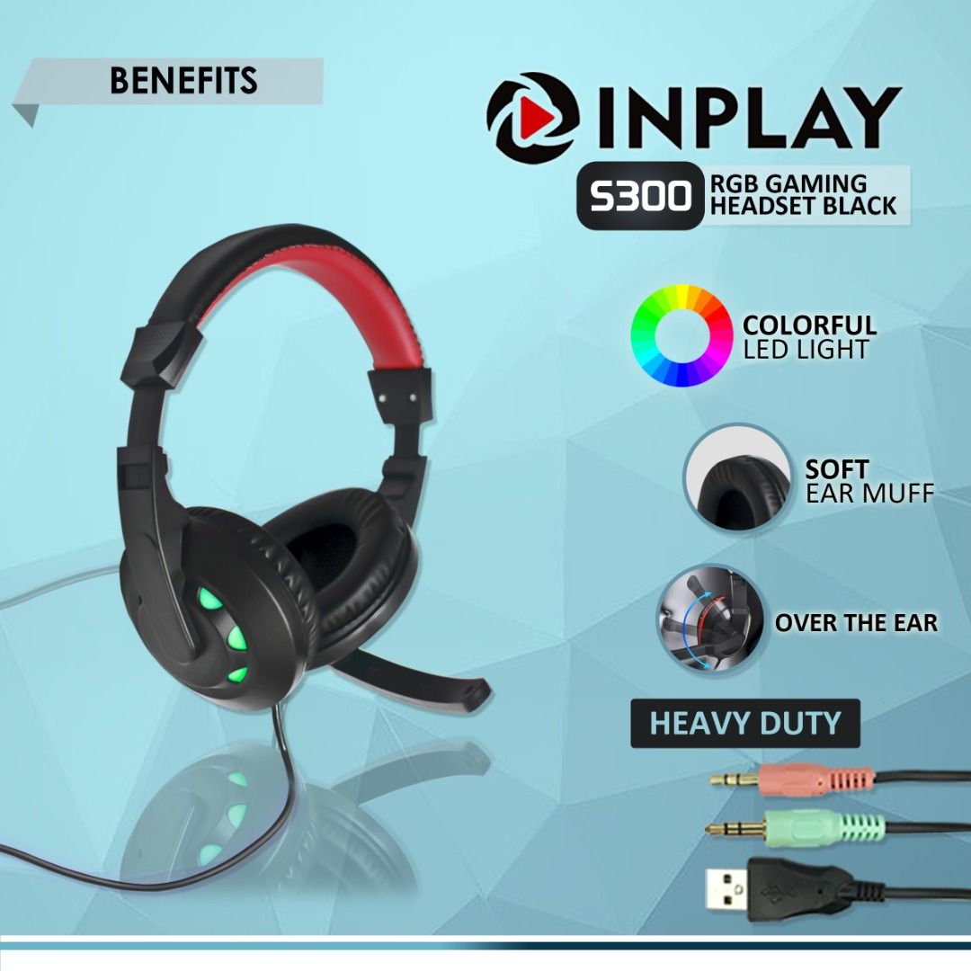 INPLAY S300 GAMING HEADSET RGB with MICROPHONE and SOFT EAR MUFF, 1.5 ...