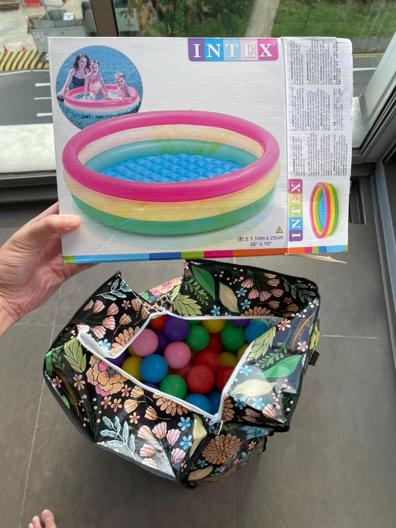 Intex Inflatable pool (1.14m x 25cm) + 200 plastic balls, Babies & Kids ...