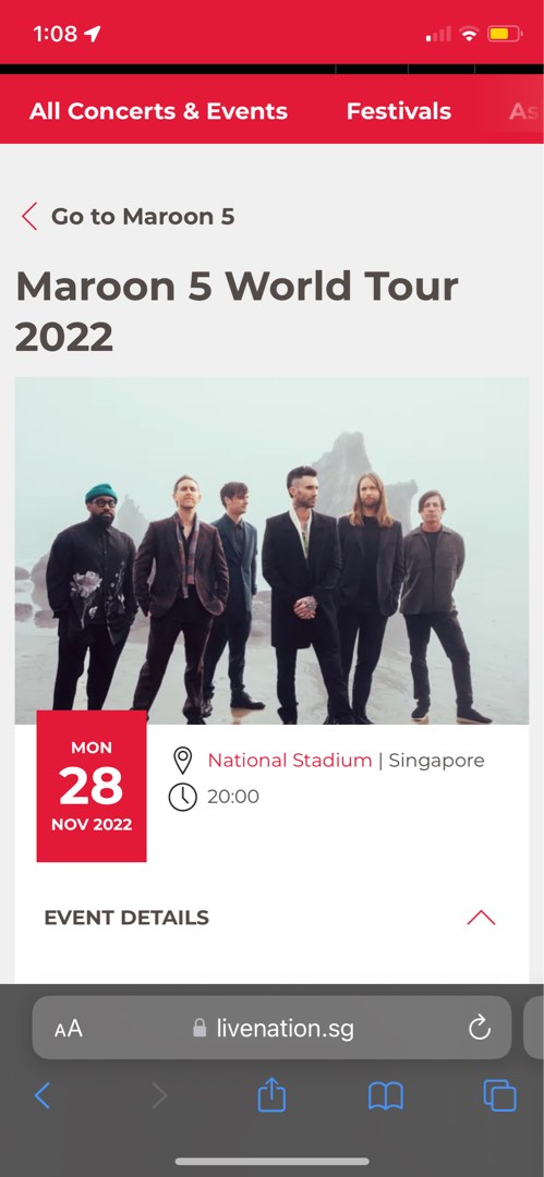 maroon 5 singapore world tour concert tickets x2, Tickets & Vouchers, Event Tickets on Carousell