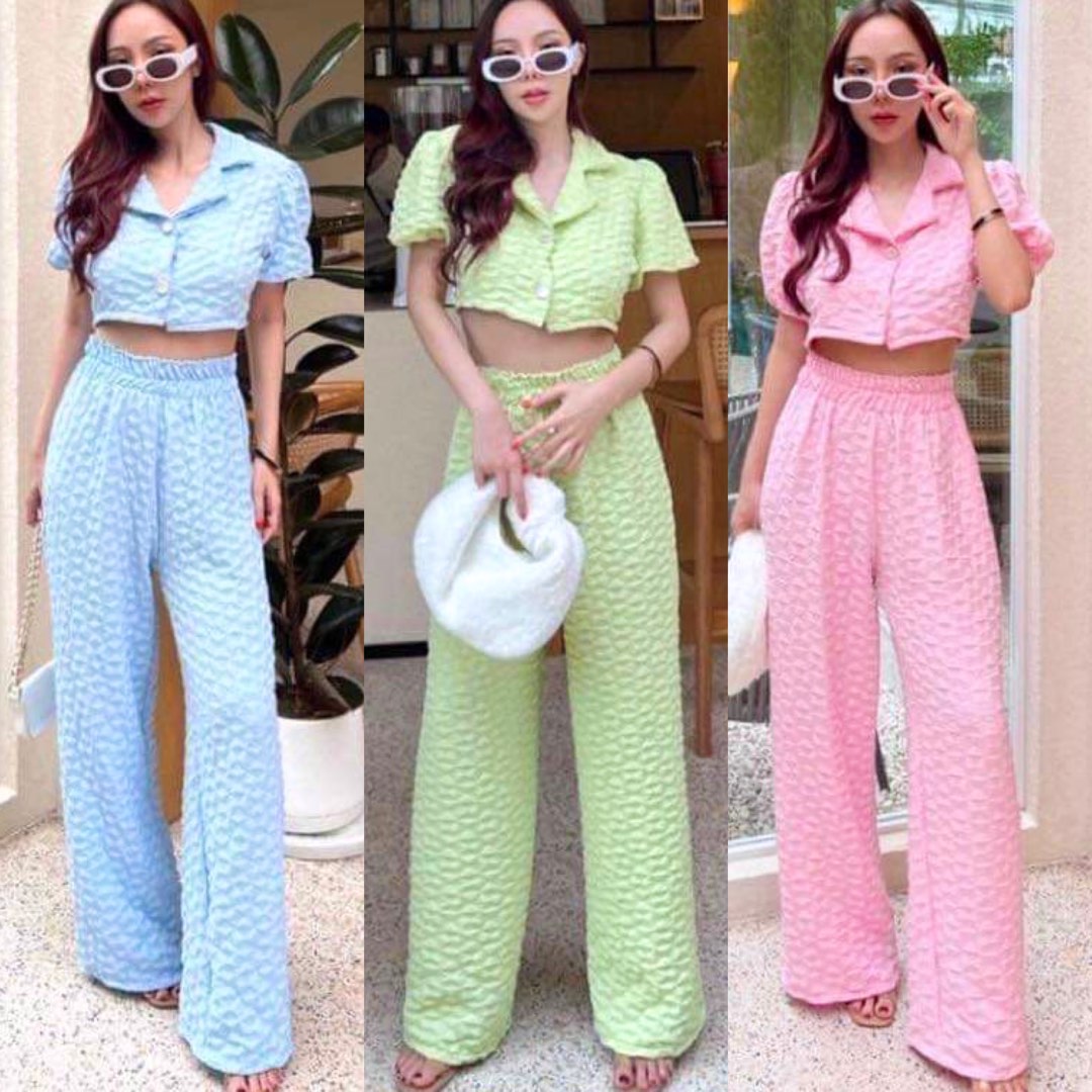 PREMIUM BKK SIRINNN bubble crumpled puff sleeves crop top trouser pants ...