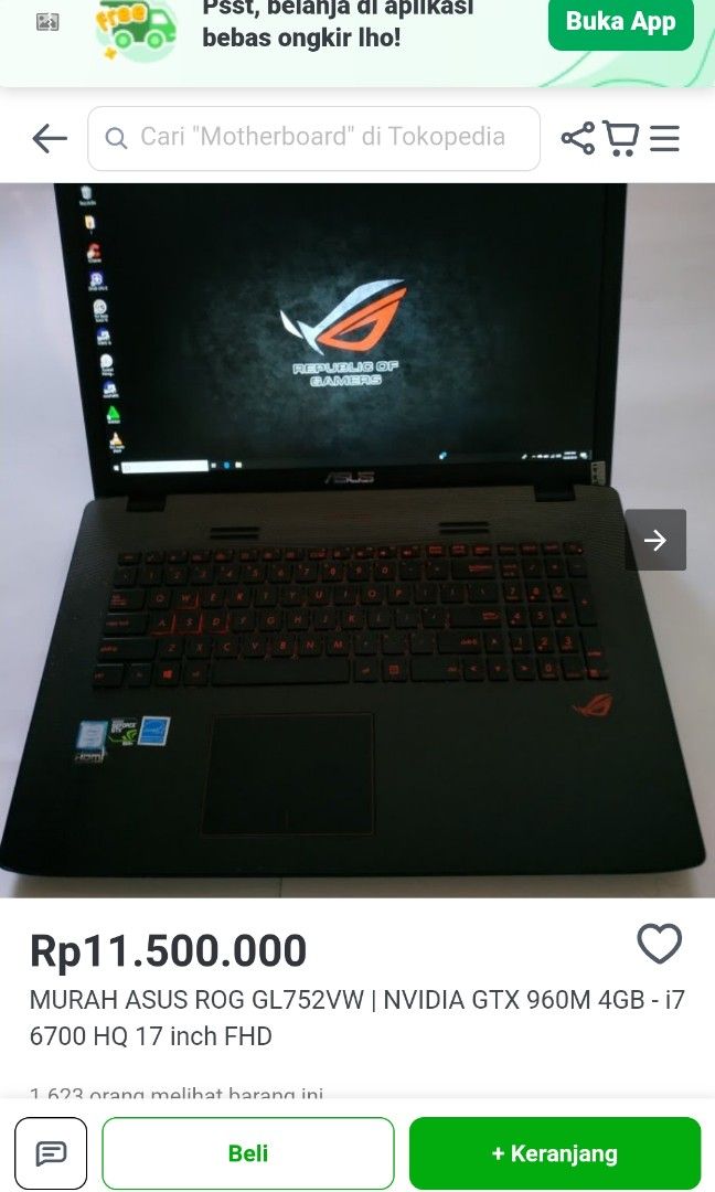 [RAM 32GB] Laptop Gaming Desain ASUS ROG GL752 17,3 Inch RAM 32GB/SSD ...