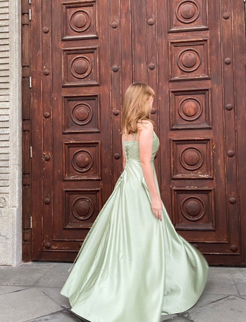 Sage Green Prom Gown Evening Satin Dress, Women's Fashion, Dresses & Sets, Evening dresses ...