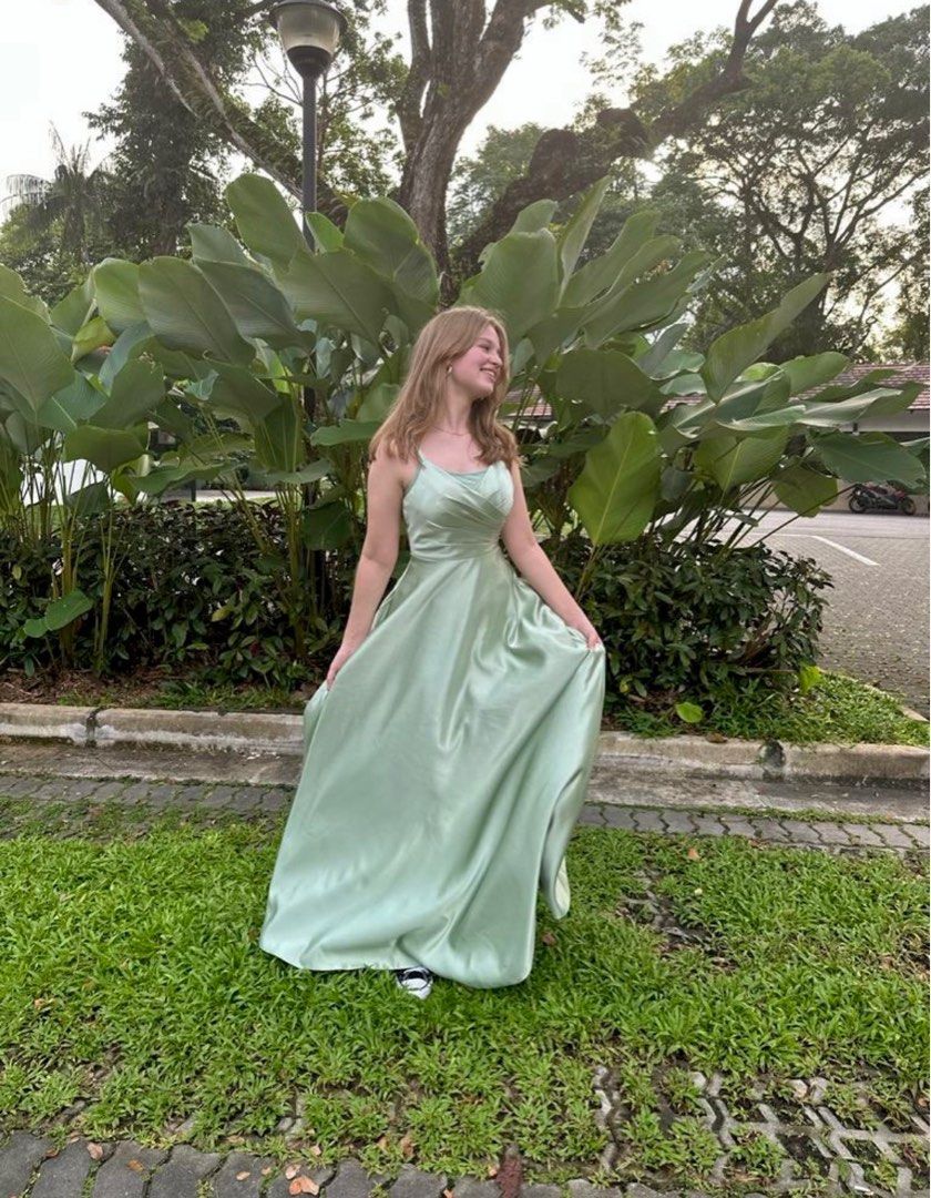 Sage Green Prom Gown Evening Satin Dress, Women's Fashion, Dresses & Sets, Evening dresses ...