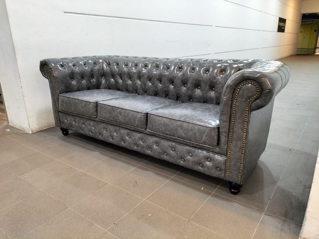 SALVADORE X 3 Seater Genuine Half Leather Chesterfield Sofa in NANO TITANIUM GREY, Furniture ...