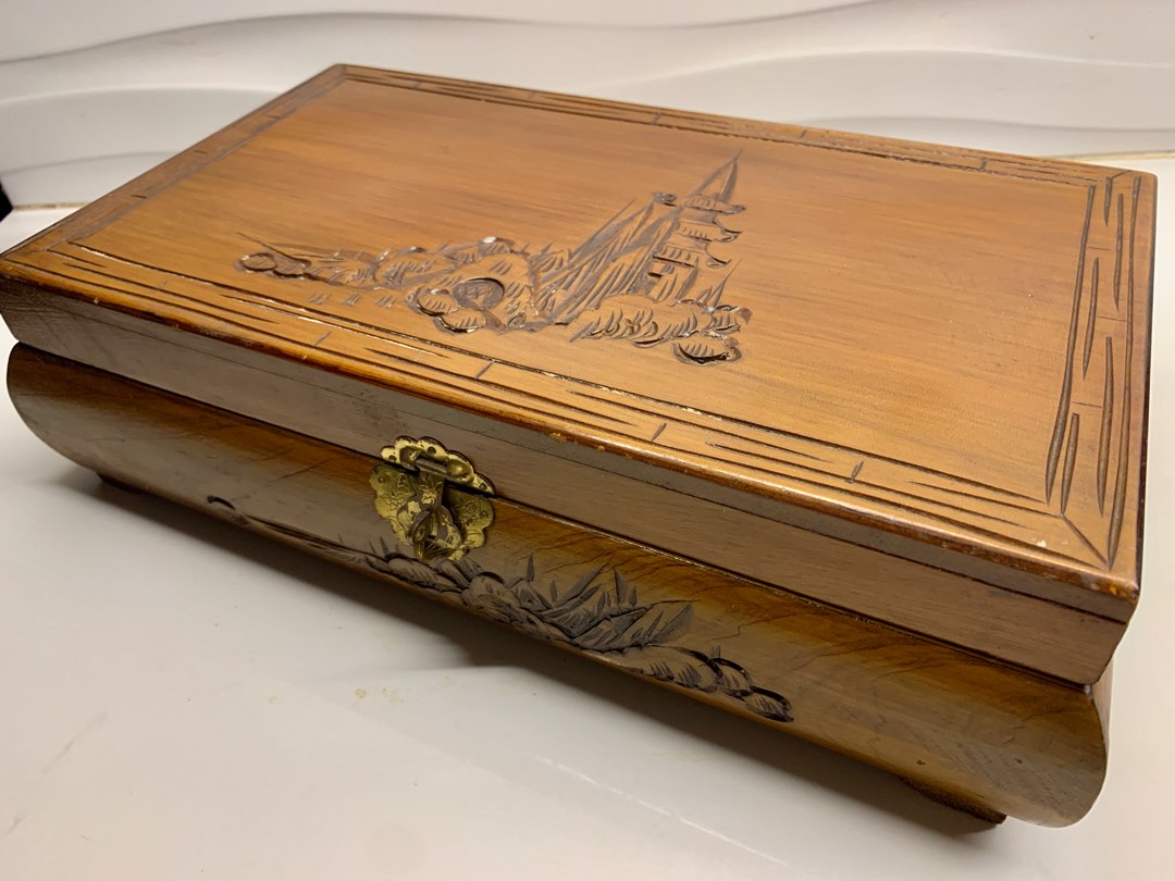 Vintage Solid Wood Jewelry Box With Hand Carved Asian Pagoda Scene ...