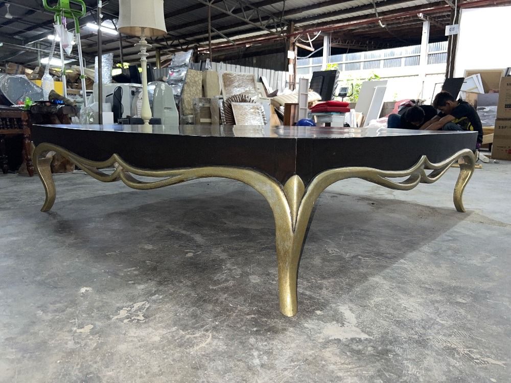 Wide Dark Brown Solid Wood Top Metal Frame Coffee Table / Meja Kopi ...