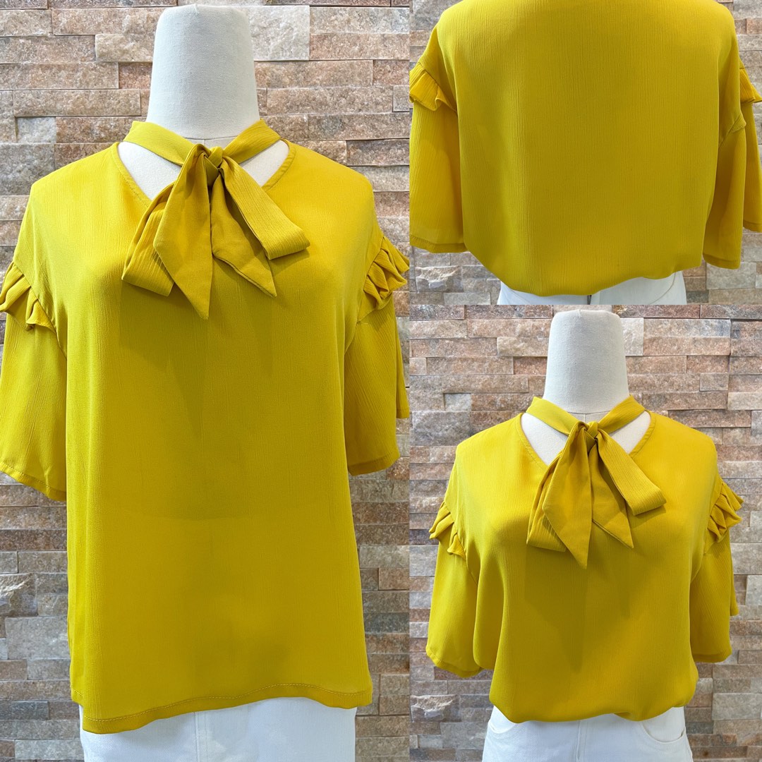 Yellow sheer blouse with ribbon detail, Women's Fashion, Tops, Blouses ...