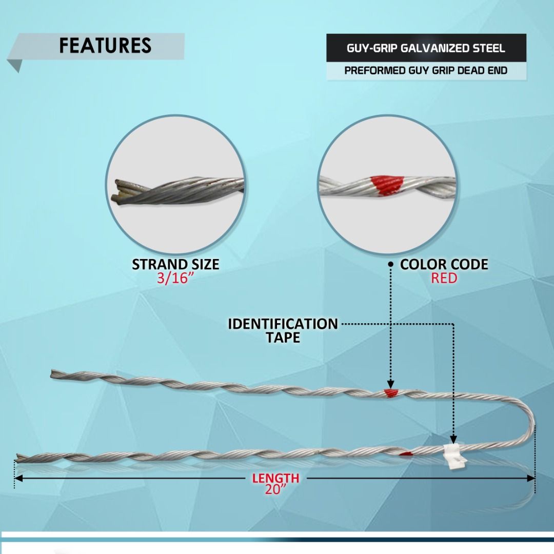 GUY-GRIP GALVANIZED STEEL 3/16 RED, PREFORMED GUY GRIP DEAD END, POWER FITTING TELCO ISP TOWER ...