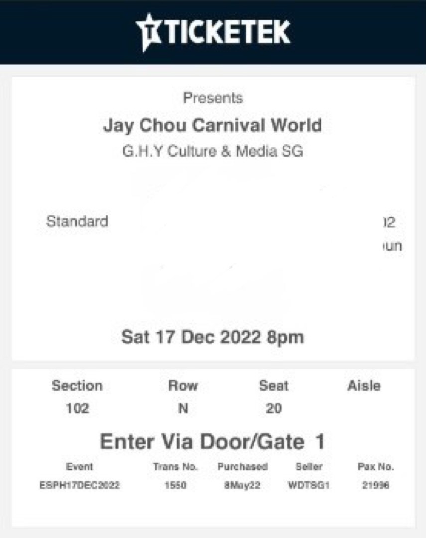 Jay Chou Carnival World tickets, Tickets & Vouchers, Event Tickets on Carousell