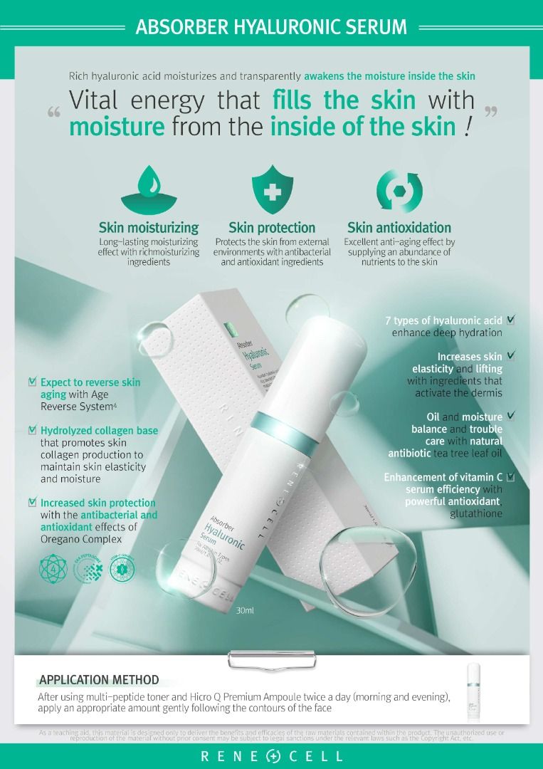 RENECELL ABSORBER HYALURONIC SERUM 30ML MADE IN KOREA, Beauty & Personal Care, Face, Face Care ...