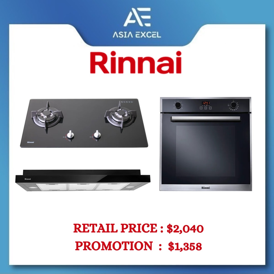 RINNAI RB-7302S-GBS 2 BURNER HOB + RH-S329-PBR SLIM HOOD + RO-E6208TA-EM BUILT-IN OVEN, TV ...