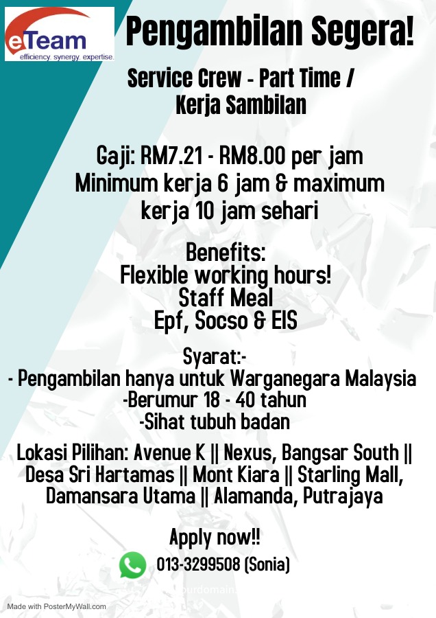 Service Crew - Part Time Job - Flexible Working Hours - ONLY FOR ...