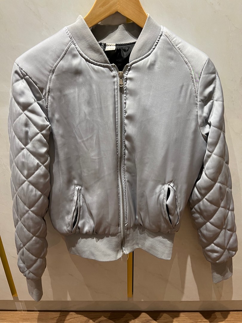 Silver Grey Bomber Jacket, Women's Fashion, Coats, Jackets and ...