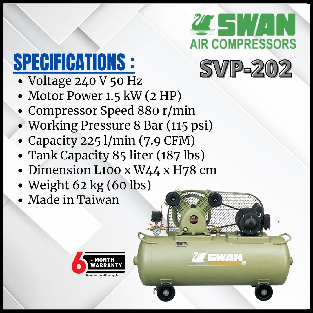 Swan 2HP 1.5kW 85Liter Reciprocal Air Compressor SVP-202 | 6 Months ...