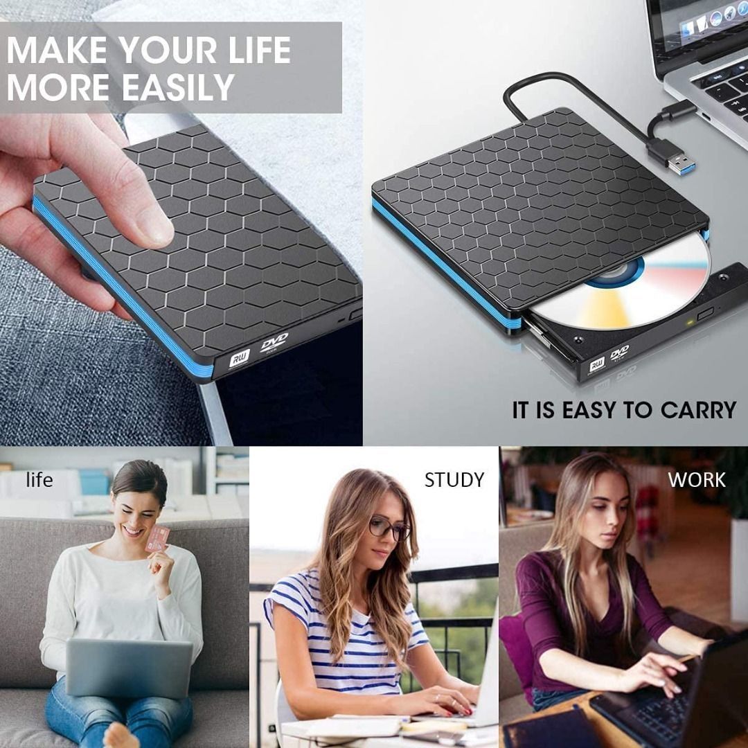 T377 External CD DVD Drive with 2 in 1 USB 3.0 and Type-C CD writer /RW ...
