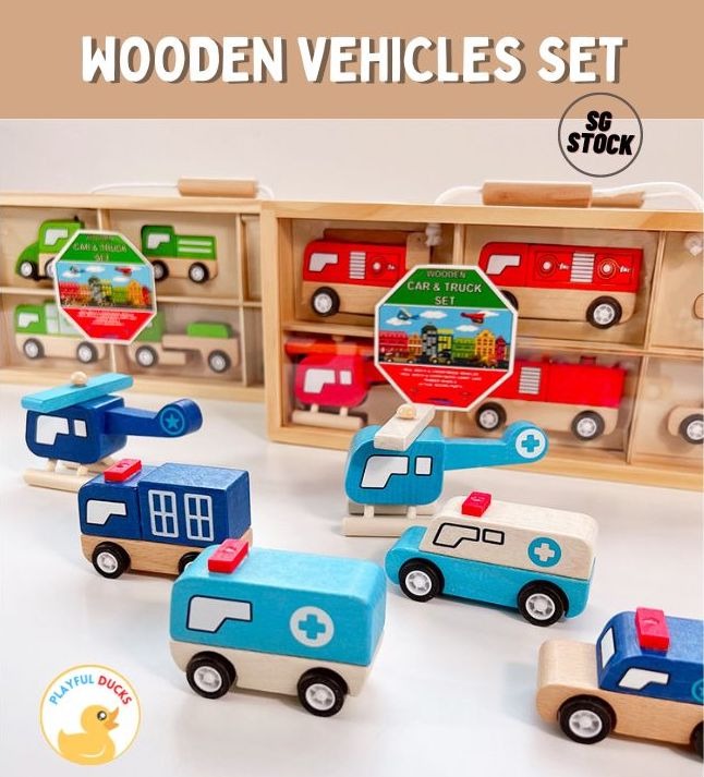 Wooden vehicle set | Ambulance Fire truck construction car toy sets ...