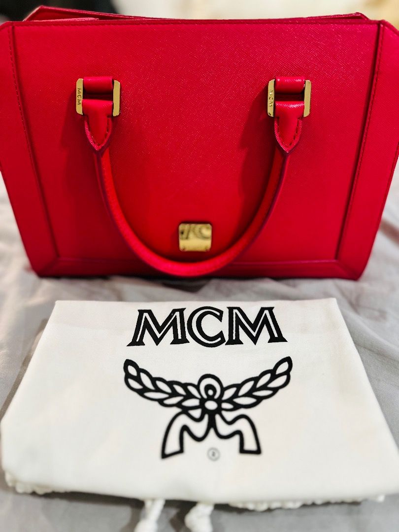 Authentic MCM Scarlet Red Leather Shoulder Bag w/ Strap, Luxury, Bags ...