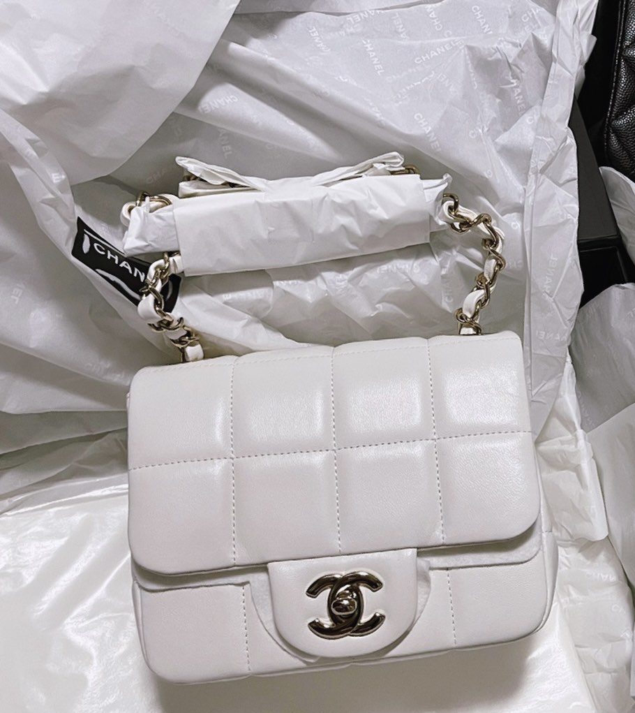 Chanel 23c white mini square flap with crystal chain, Luxury, Bags ...