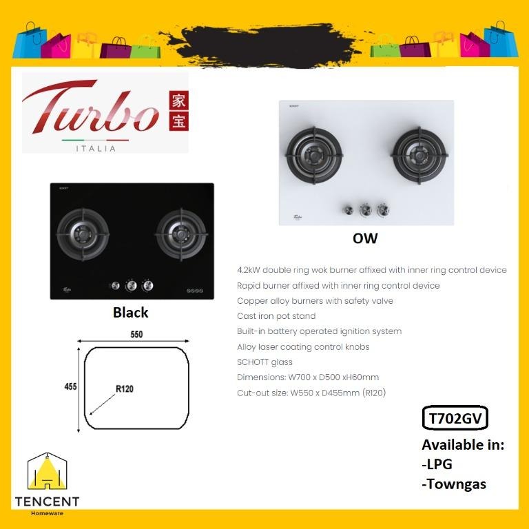 (FREE Installation) Turbo Incanto T702GV 70cm 2 burners built-in Tempered Glass Gas Hob, TV ...