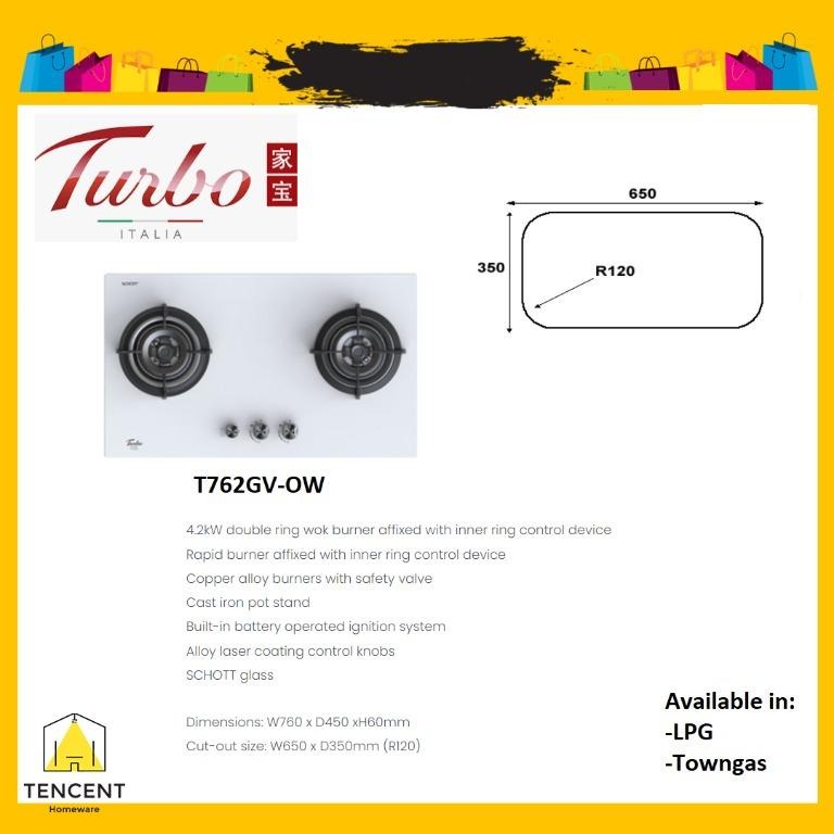 (FREE Installation) Turbo Incanto T762GV-OW 76cm 2 burners built-in Tempered Glass Gas Hob, TV ...