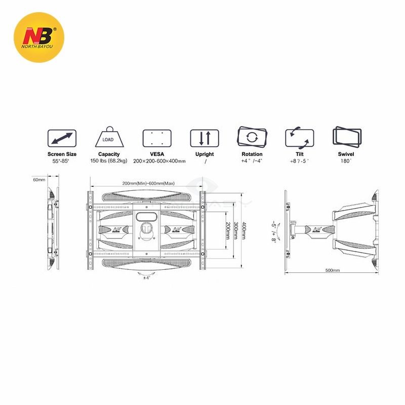 NB NORTH BAYOU P65 55 TO 85 INCH ERGONOMICS INTERACTIVE CANTILEVER VESA ...
