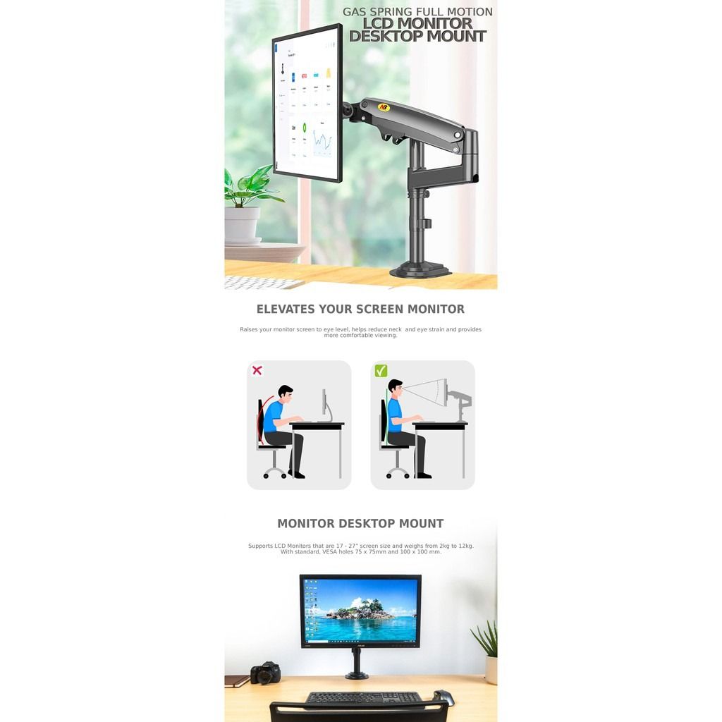 North Bayou NB H100 22-35 Inch 2-12KG Gas Strut Single TV Computer ...