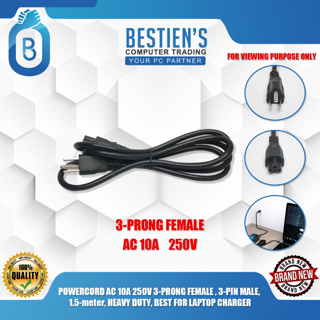 POWERCORD AC 10A 250V 3-PRONG FEMALE, 3-PIN MALE, 1.5-meter, HEAVY DUTY ...