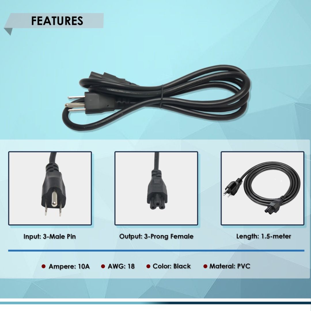POWERCORD AC 10A 250V 3-PRONG FEMALE, 3-PIN MALE, 1.5-meter, HEAVY DUTY ...