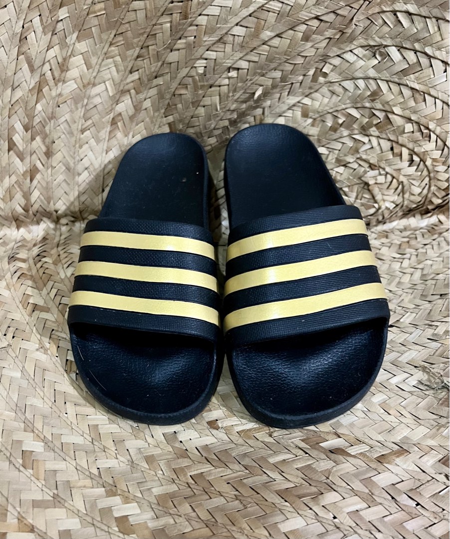 Adidas Aqua Slides Gold/Black, Women's Fashion, Footwear, Slippers and ...