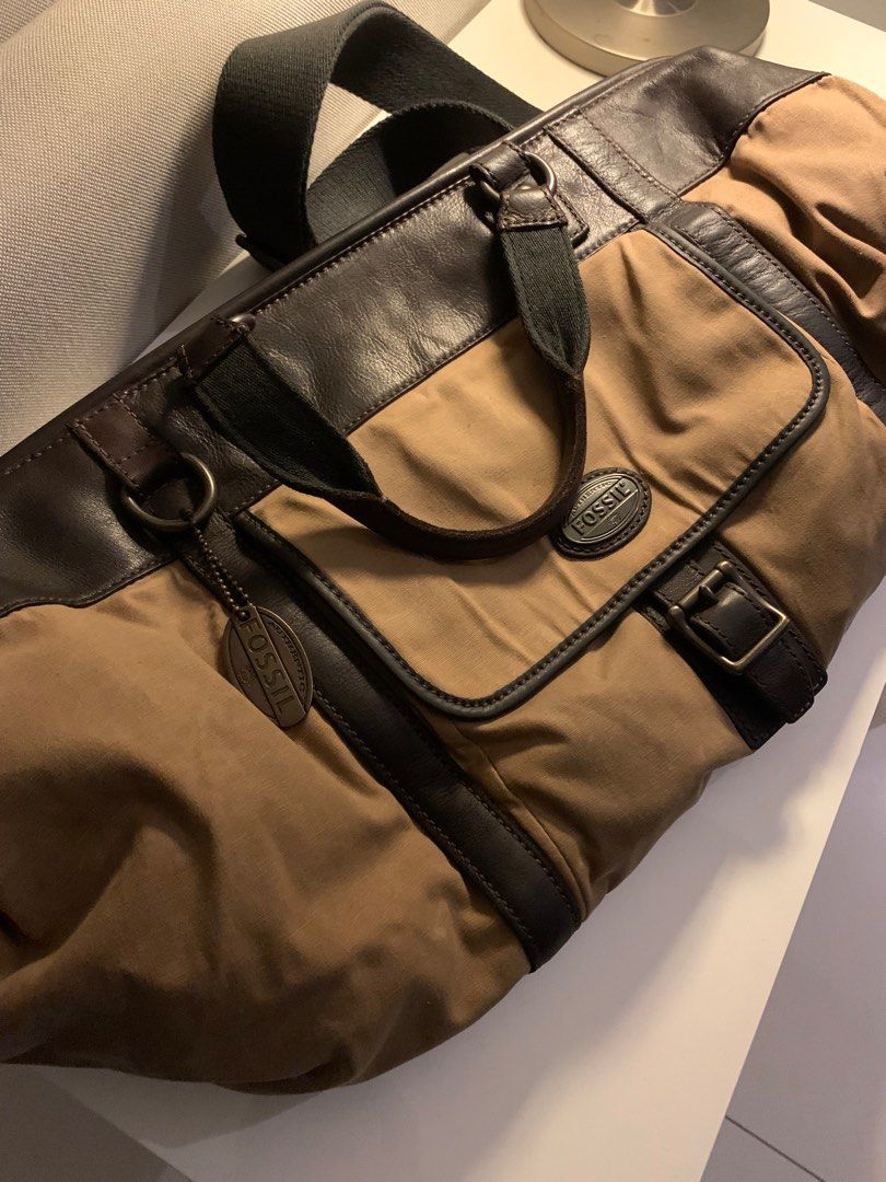 Authentic Fossil Estate Waxed Canvas And Leather Duffle Bag Barang Mewah
