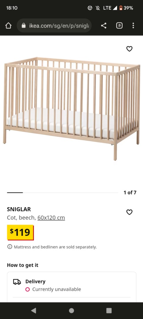 IKEA SNIGLAR COT 120CM x 60CM, Babies & Kids, Baby Nursery & Kids ...