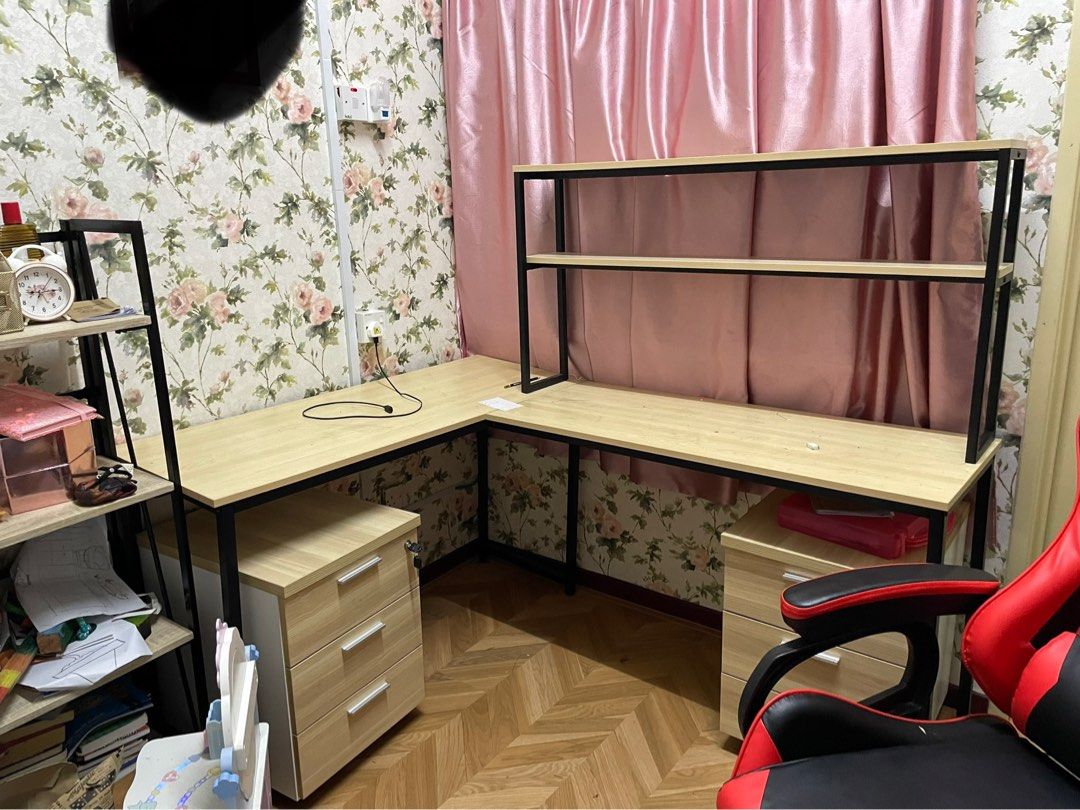 L Shape study table with rack, Furniture & Home Living, Furniture ...