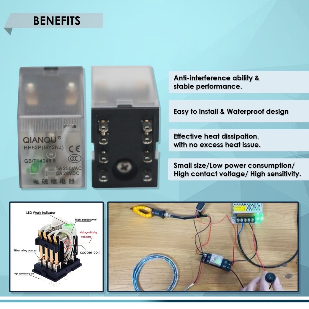 MINI ELECTROMAGNETIC RELAY SWITCH 12V 8-PIN with LED, QIANOU HH52P ...