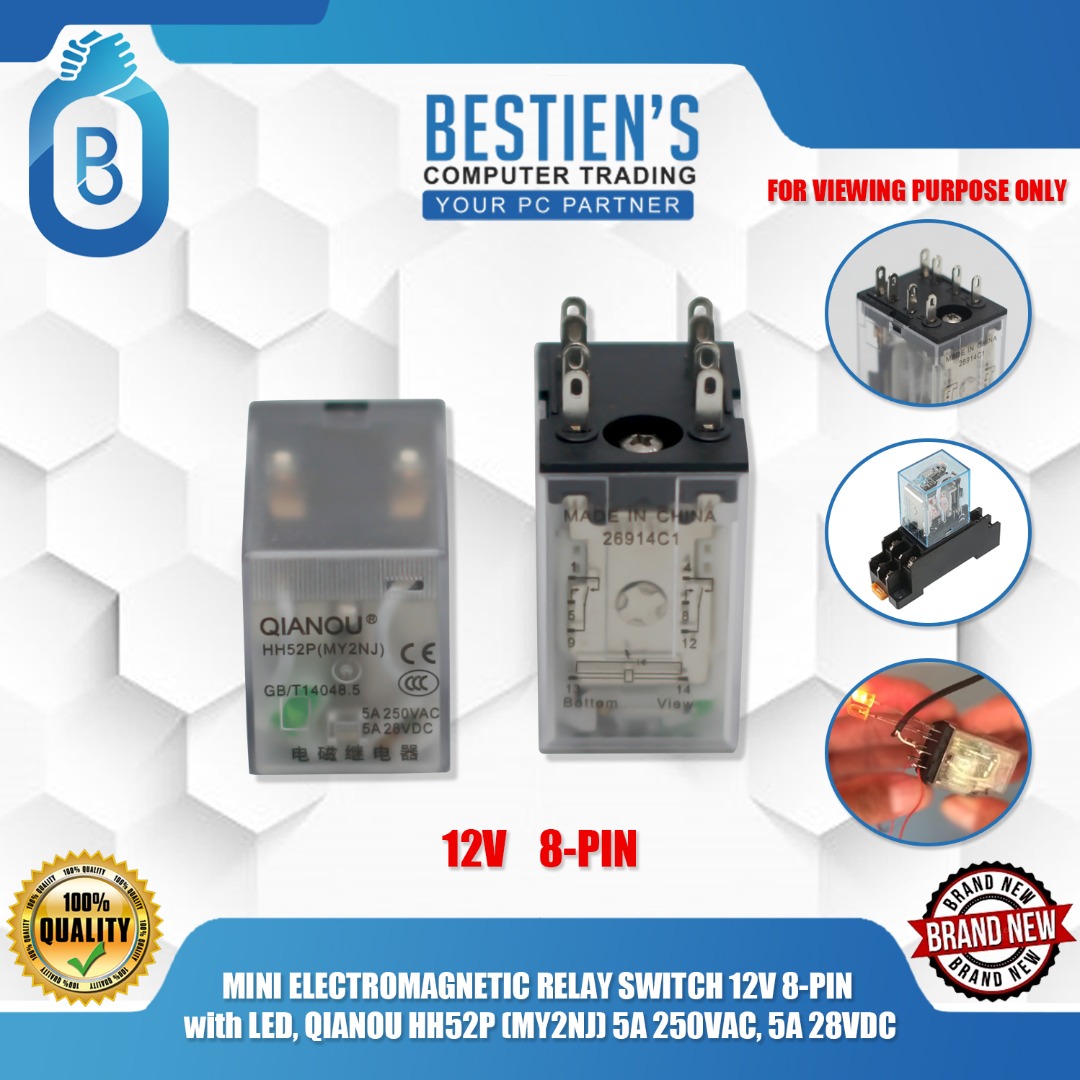 MINI ELECTROMAGNETIC RELAY SWITCH 12V 8-PIN with LED, QIANOU HH52P ...