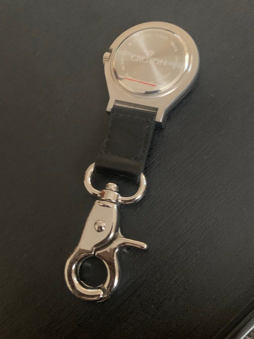 Vintage Croton Keychain Watch, Heavy Leather Strap & Clip With Compass ...