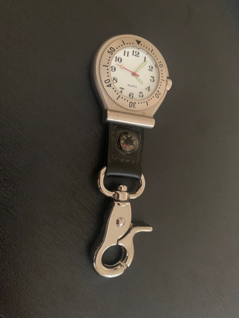 Vintage Croton Keychain Watch, Heavy Leather Strap & Clip With Compass ...