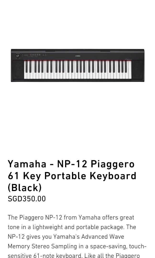 Yamaha - NP-12 Piaggero 61 Key Portable Keyboard (Black), Hobbies & Toys, Music & Media, Musical ...