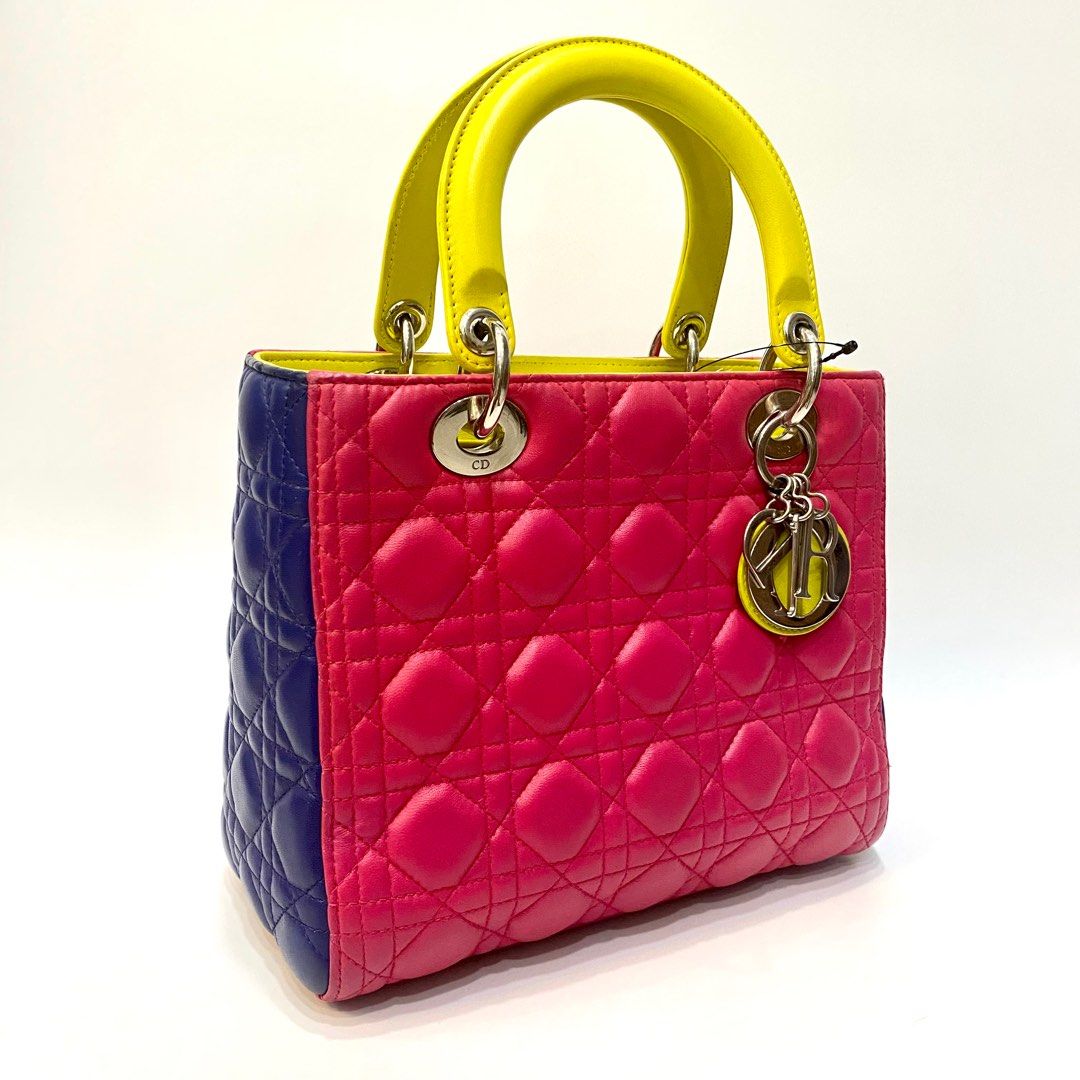 LADY DIOR MEDIUM TRICOLOR FUSCHIA YELLOW INDIGO, Luxury, Bags & Wallets ...