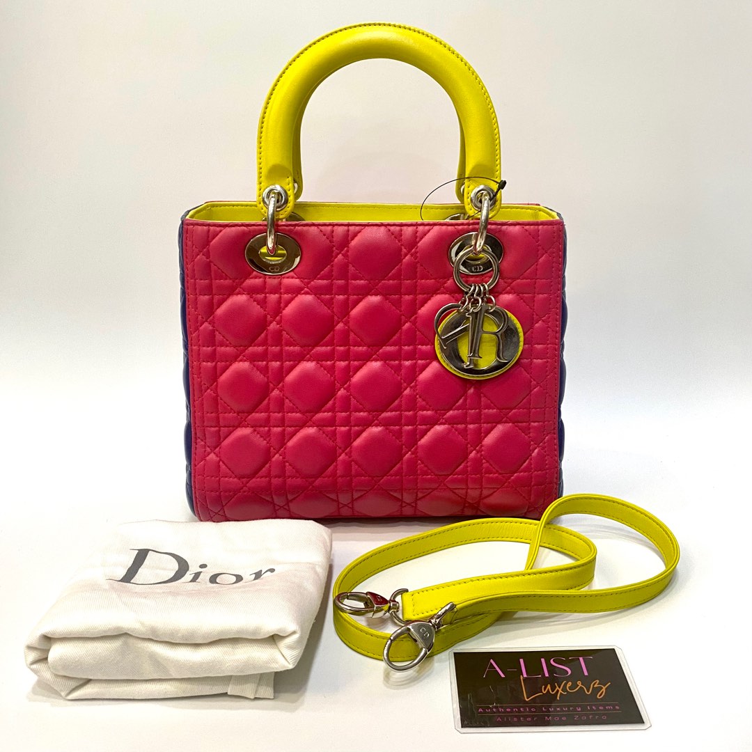 LADY DIOR MEDIUM TRICOLOR FUSCHIA YELLOW INDIGO, Luxury, Bags & Wallets ...