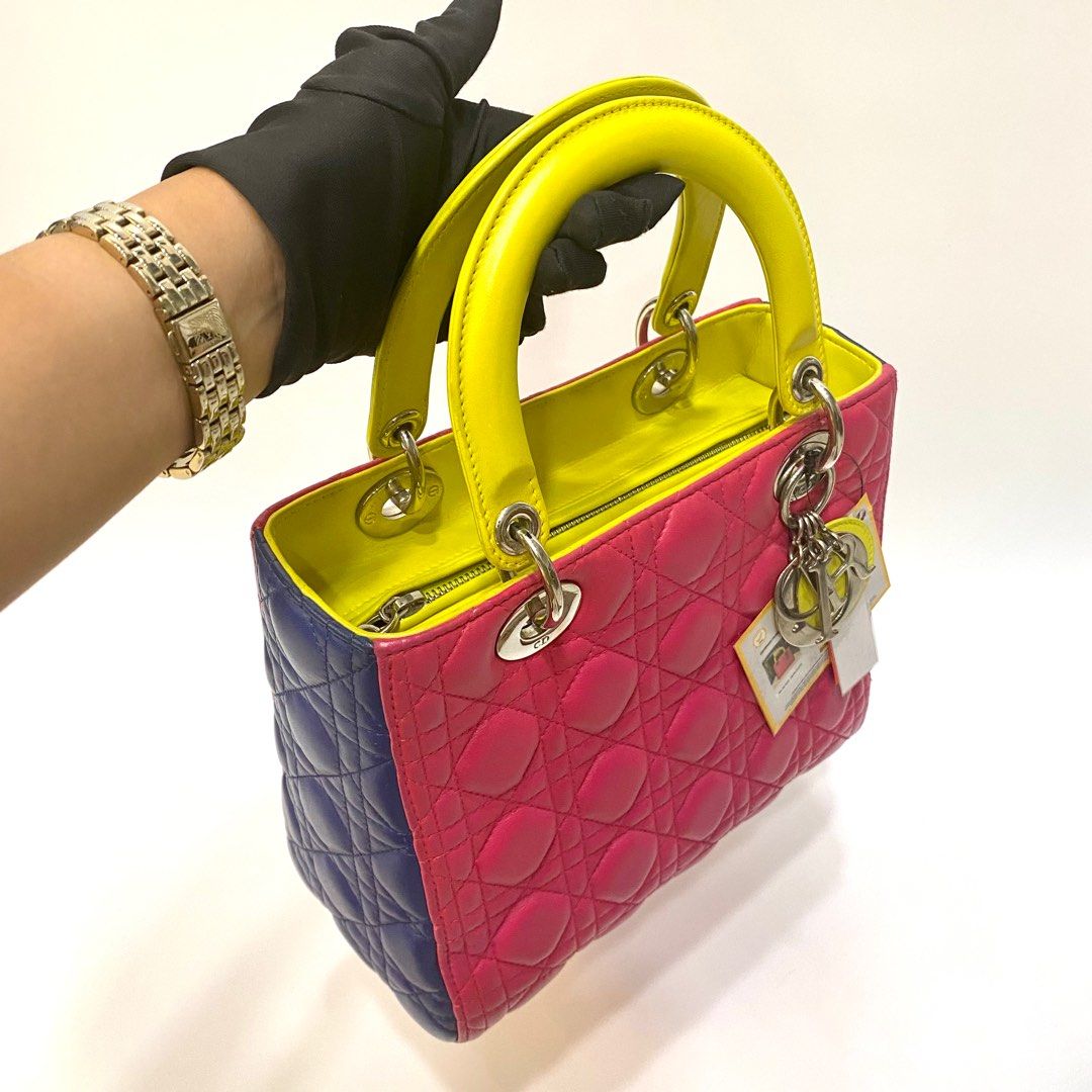 LADY DIOR MEDIUM TRICOLOR FUSCHIA YELLOW INDIGO, Luxury, Bags & Wallets ...