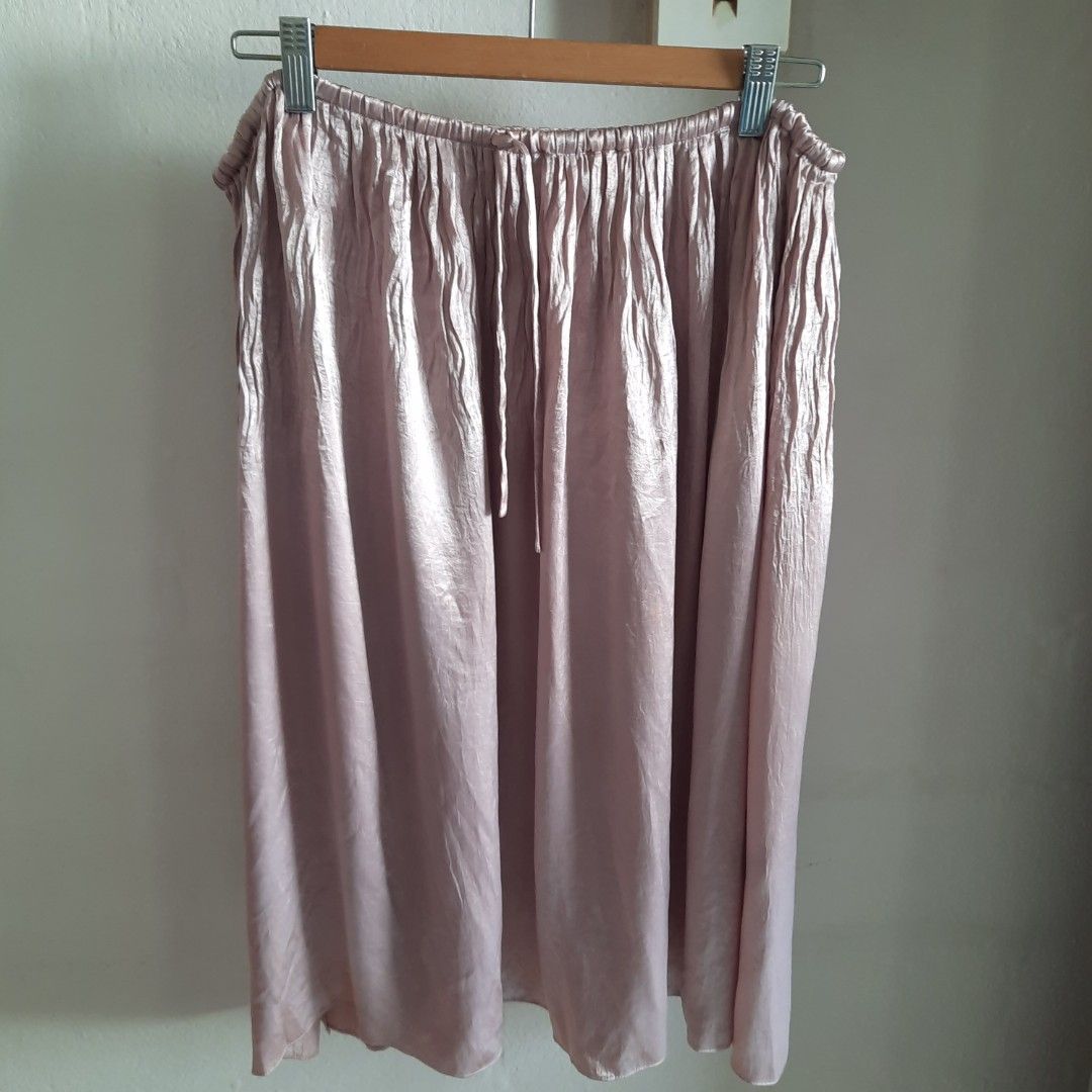 Liquid Mauve Metallic Ruched Elastic Silk Satin Skirt, Women's Fashion ...