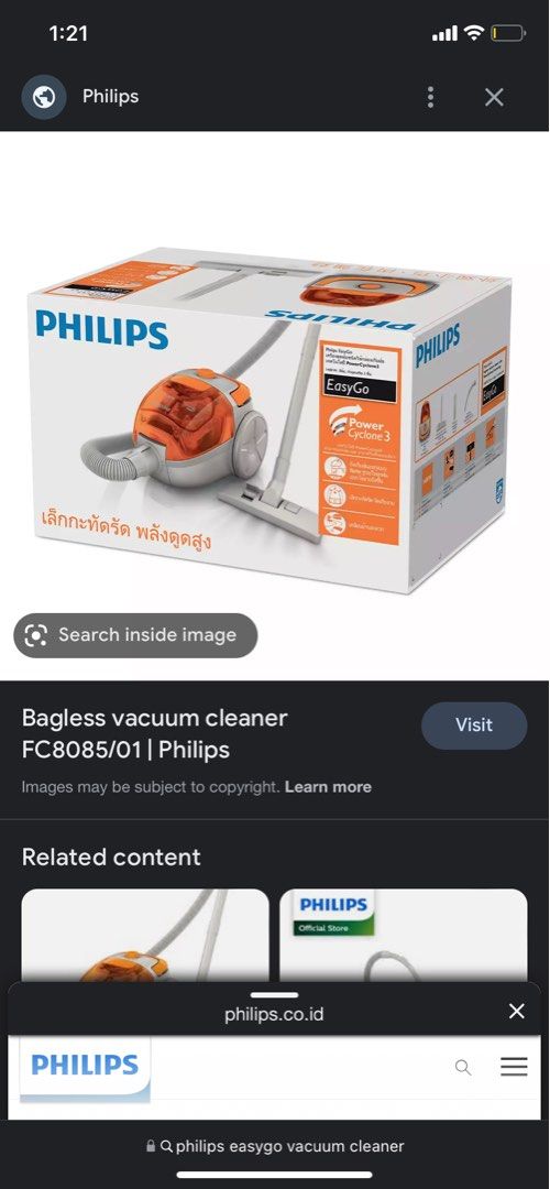 Philips EasyGo Compact Bagless Vacuum Cleaner 1400W FC8087, TV & Home ...