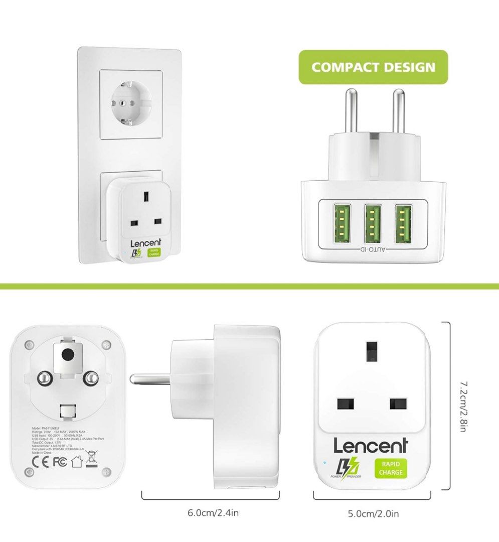 [sg stock] UK to EU Euro Europe Plug Adapter with 3 USB Ports, LENCENET ...